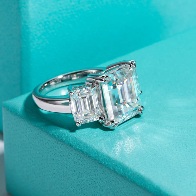 12 CTTW 3 Stone Emerald Cut Moissanite Engagement Ring | GK Moissanites